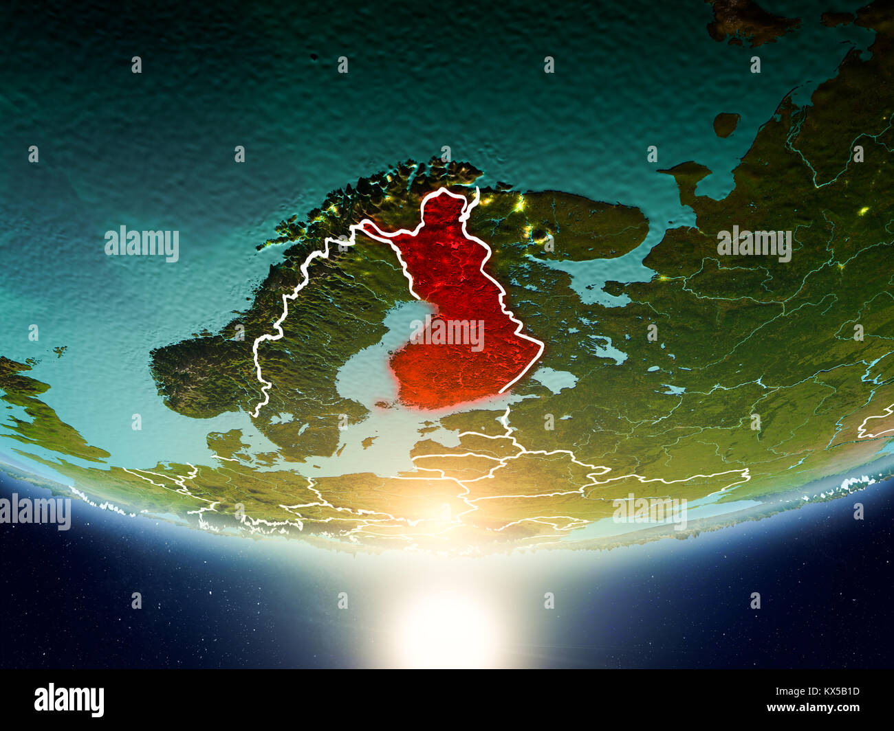 Finland from orbit of planet Earth in sunrise with highly detailed ...