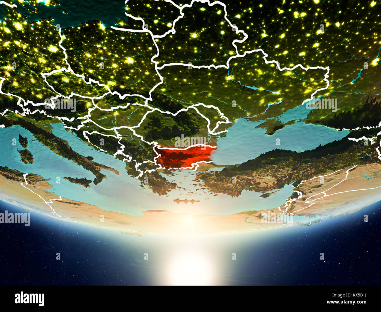 Bulgaria from orbit of planet Earth in sunrise with highly detailed ...