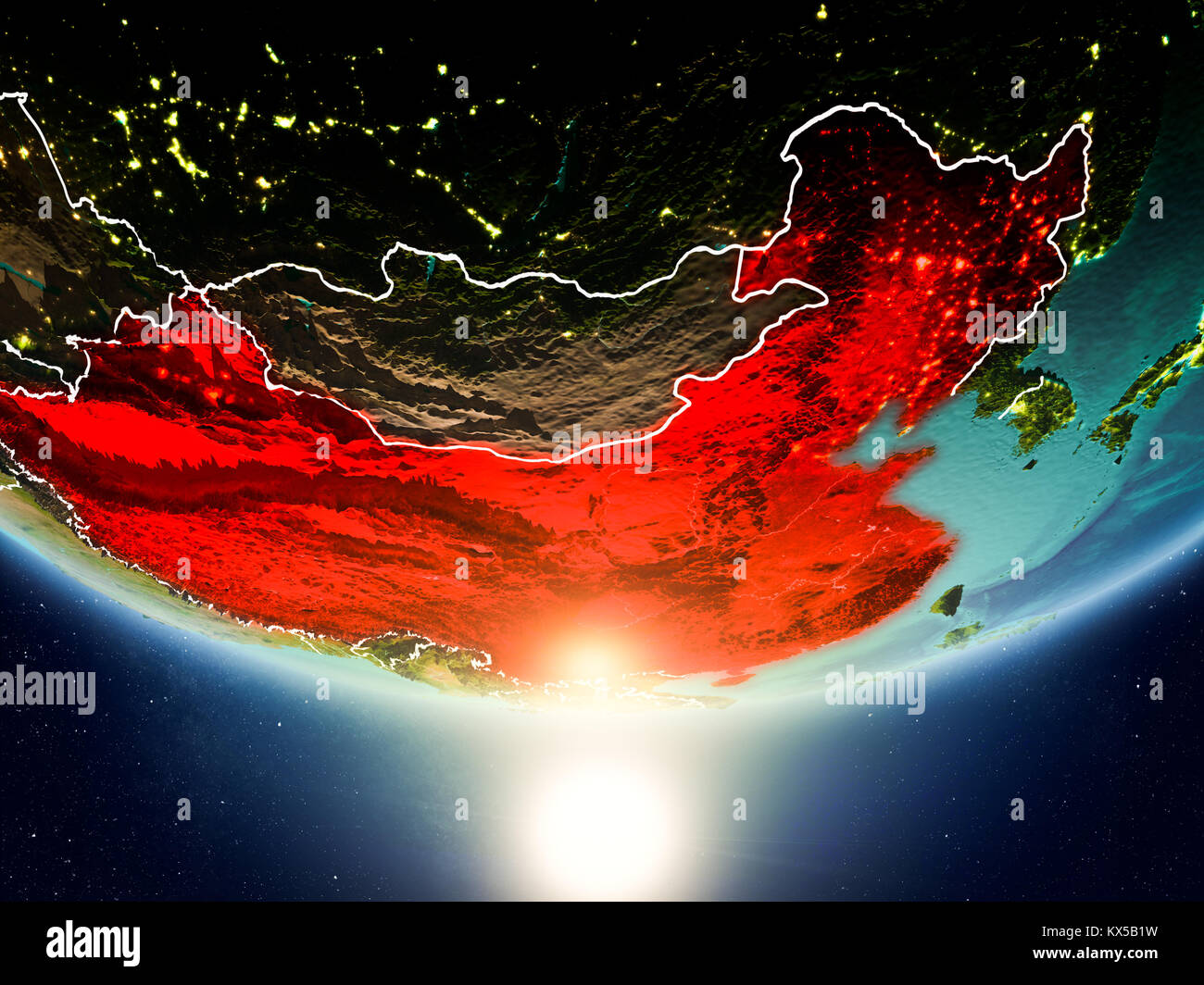 China from orbit of planet Earth in sunrise with highly detailed ...
