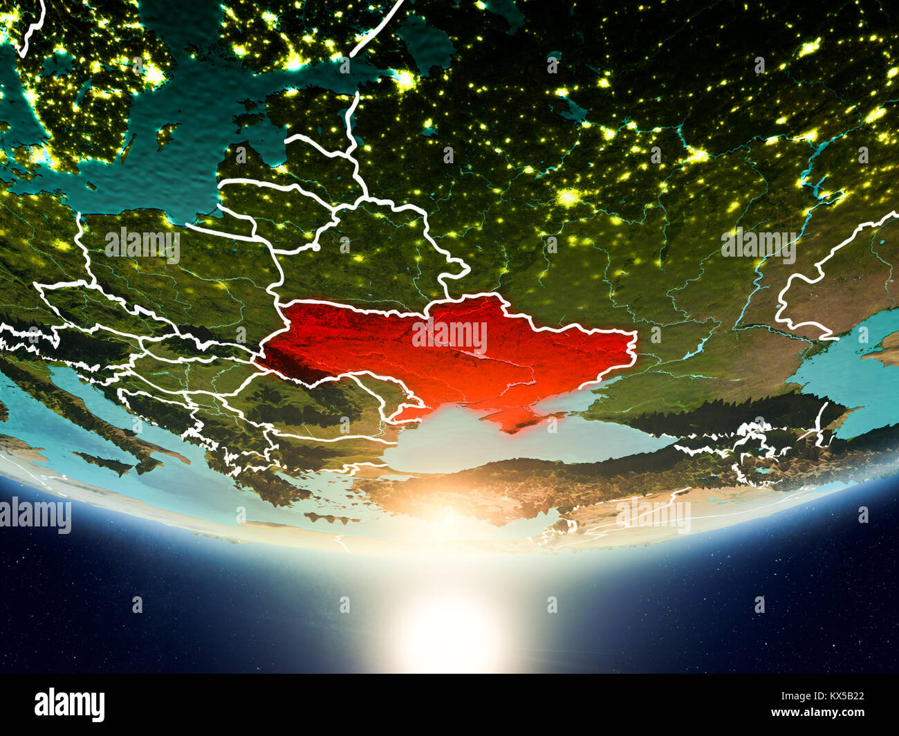 Ukraine from orbit of planet Earth in sunrise with highly detailed ...