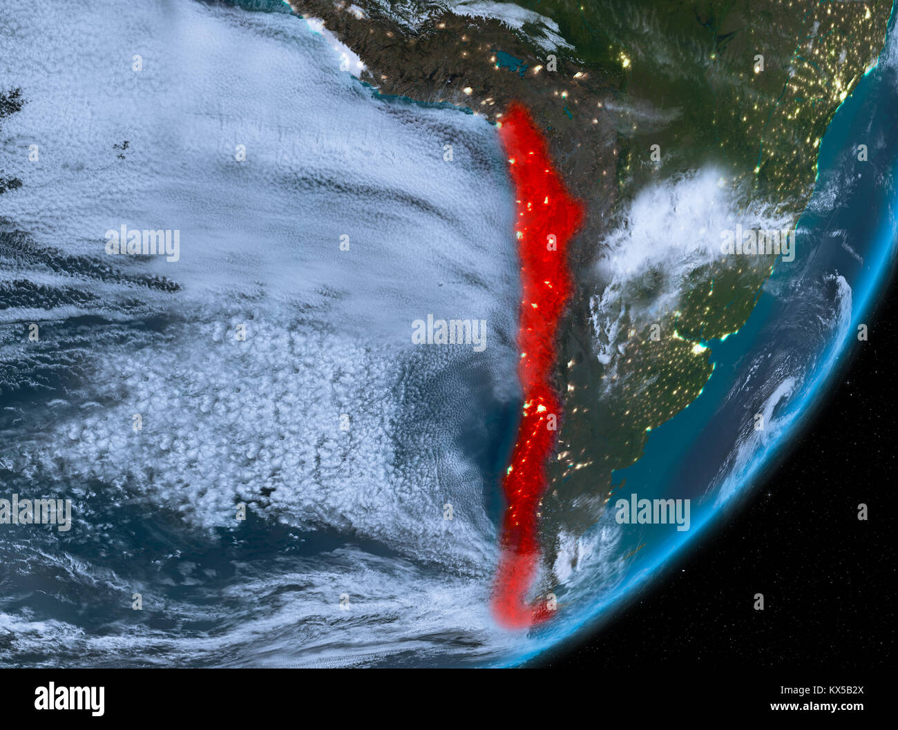 Chile from orbit of planet Earth at night with highly detailed surface ...