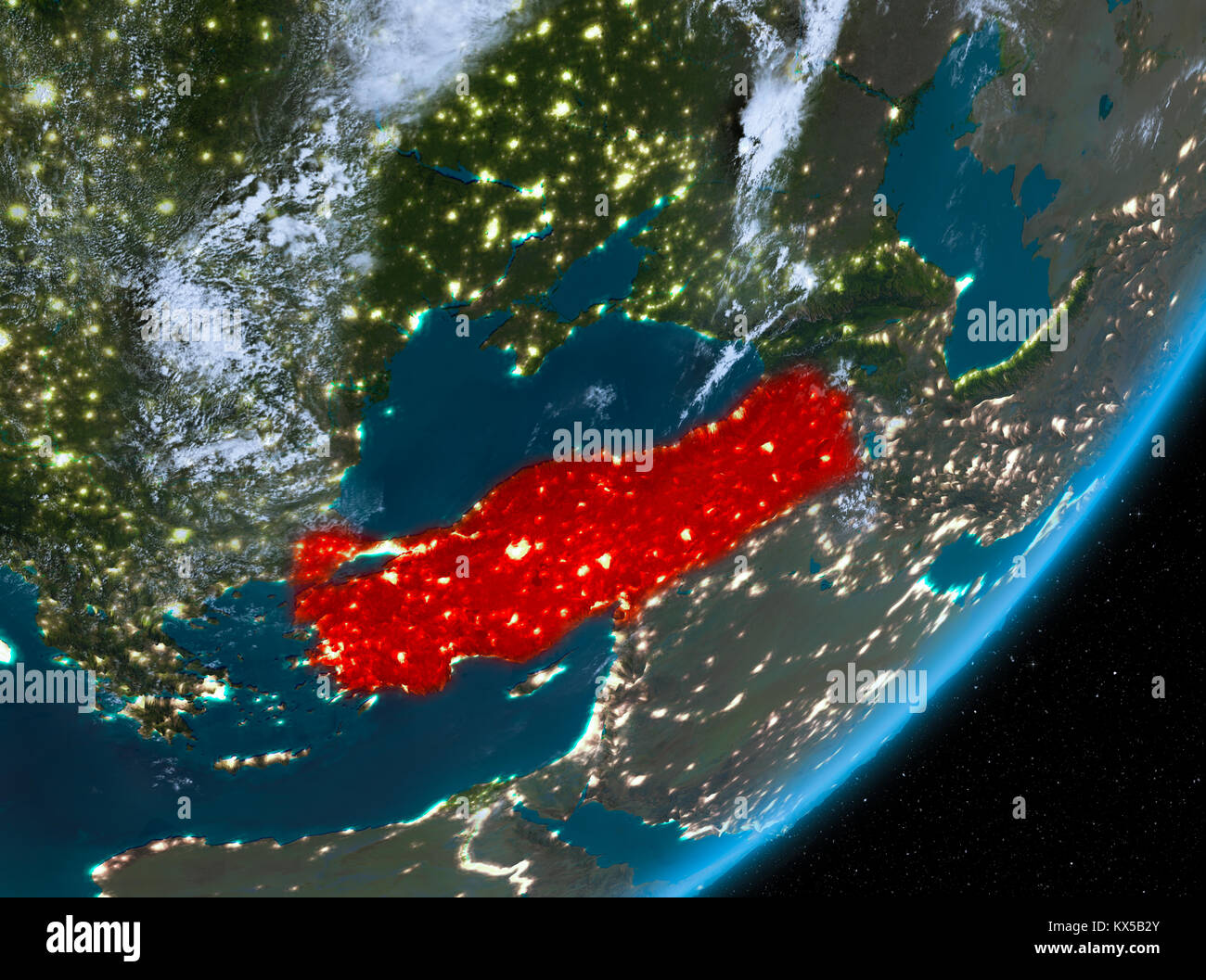 Turkey from orbit of planet Earth at night with highly detailed surface ...