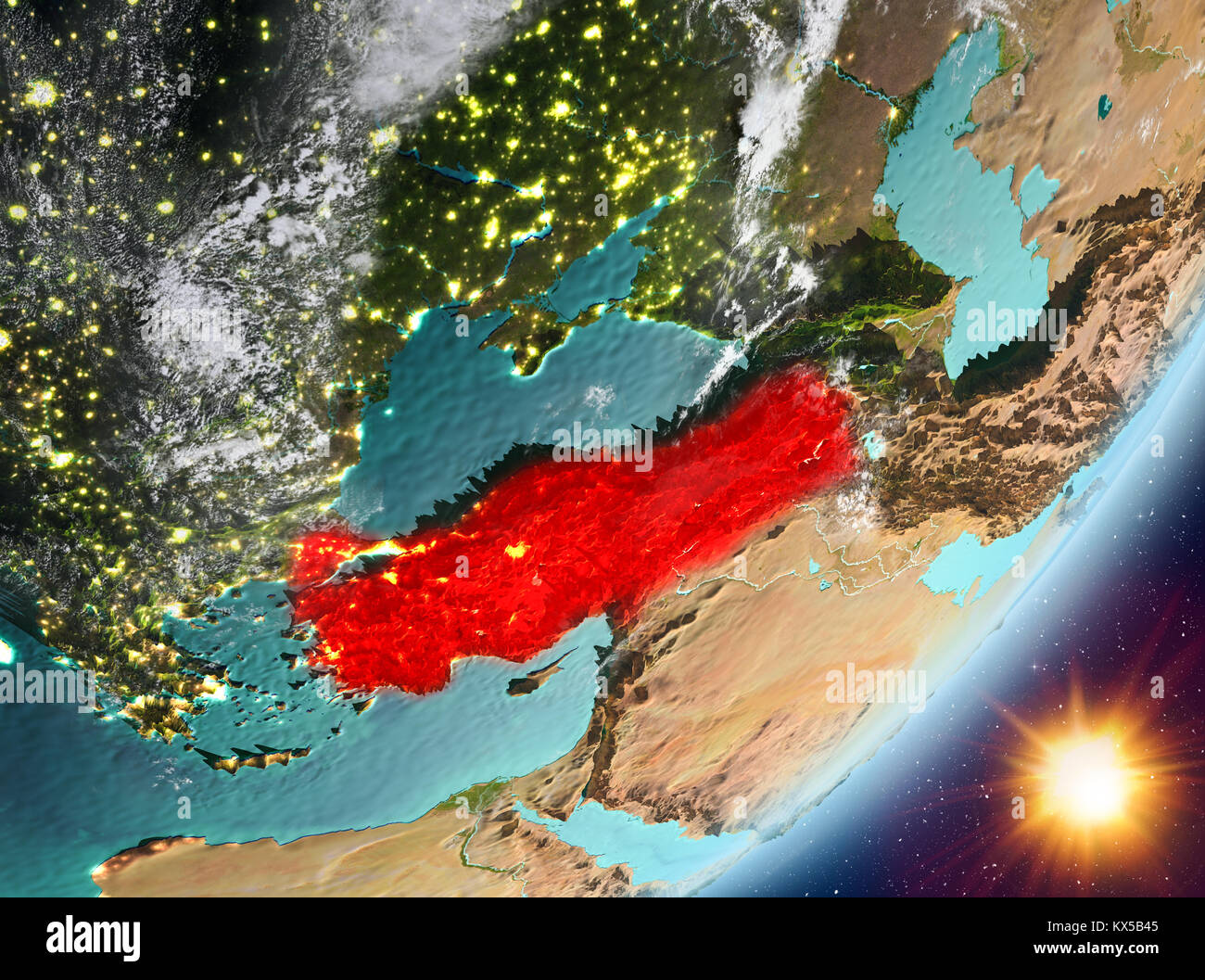 Turkey from orbit of planet Earth in sunrise with highly detailed ...