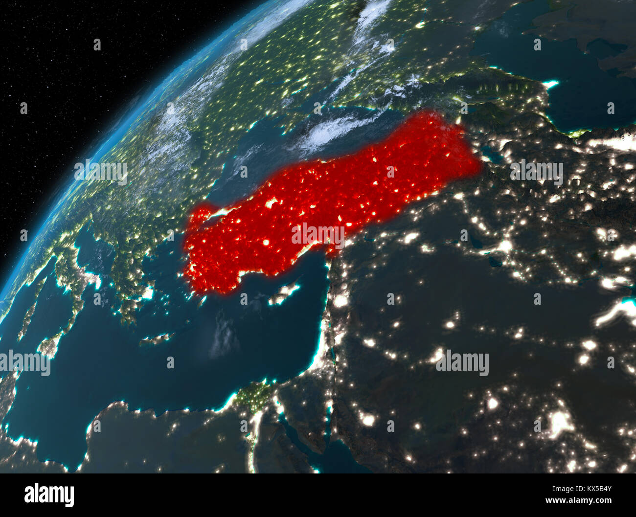 Illustration of Turkey as seen from Earth’s orbit at night. 3D ...