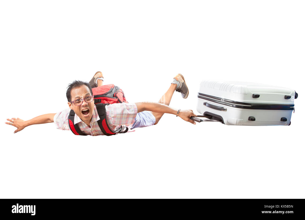 flying asian traveling man with luggage bag isolated white background ...