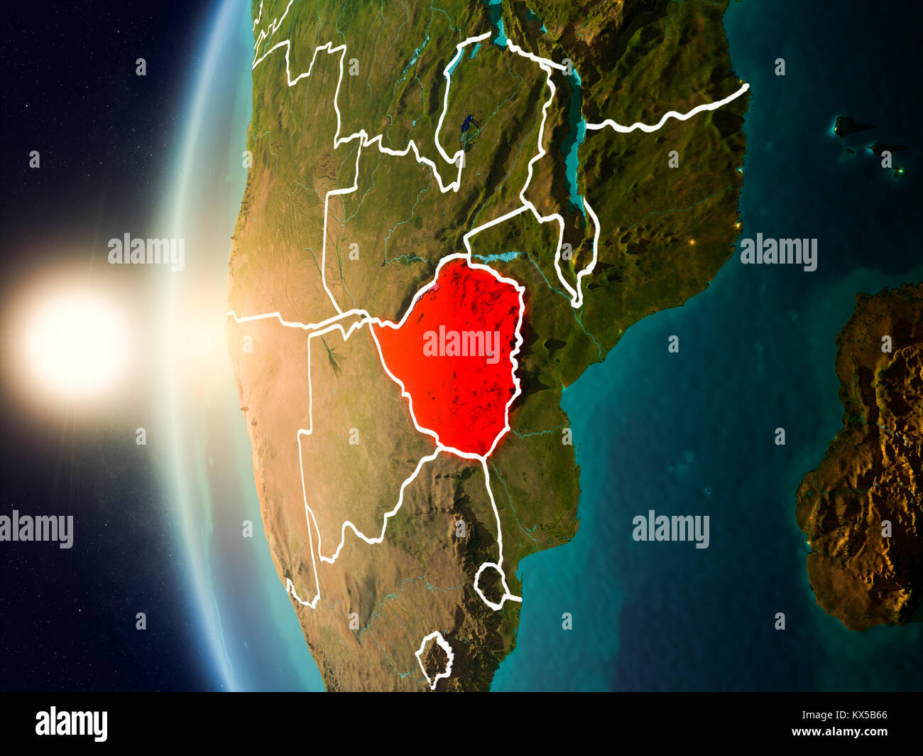 Illustration of Zimbabwe as seen from Earth’s orbit during sunset with ...