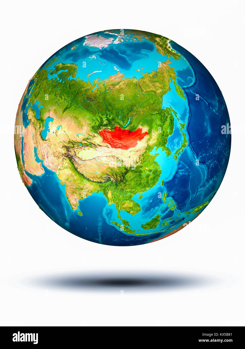 Mongolia in red on model of planet Earth hovering in space. 3D ...