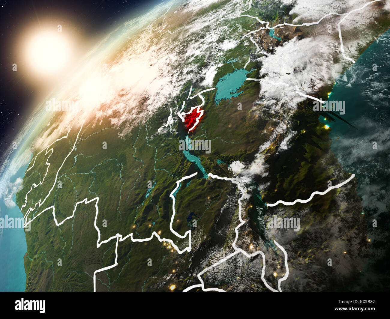 Burundi during sunset highlighted in red on planet Earth with clouds ...