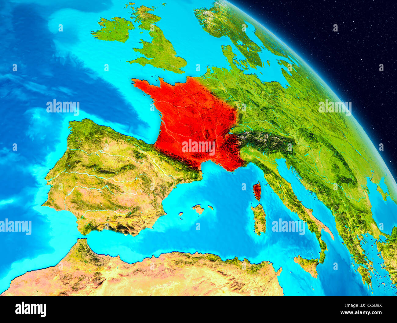 Space view of France highlighted in red on planet Earth. 3D ...