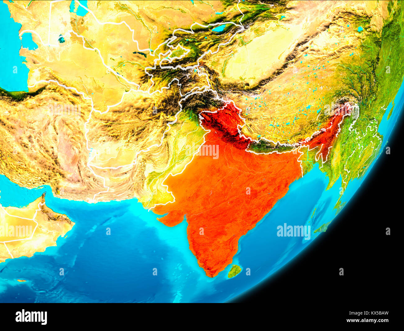 Map of India in red as seen from space on planet Earth with white ...