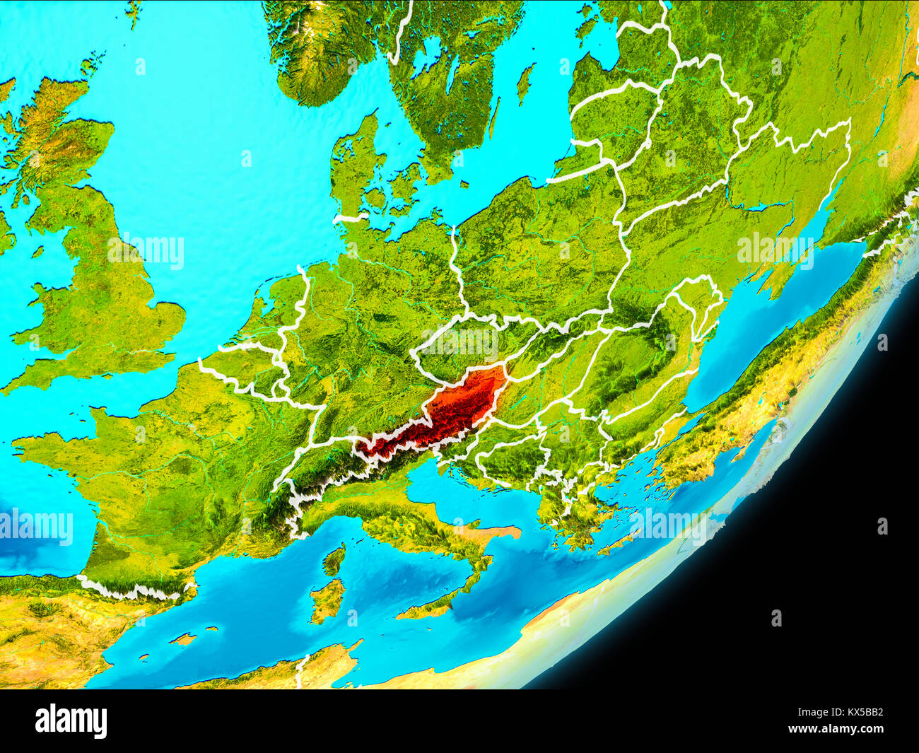 Map of Austria in red as seen from space on planet Earth with white ...