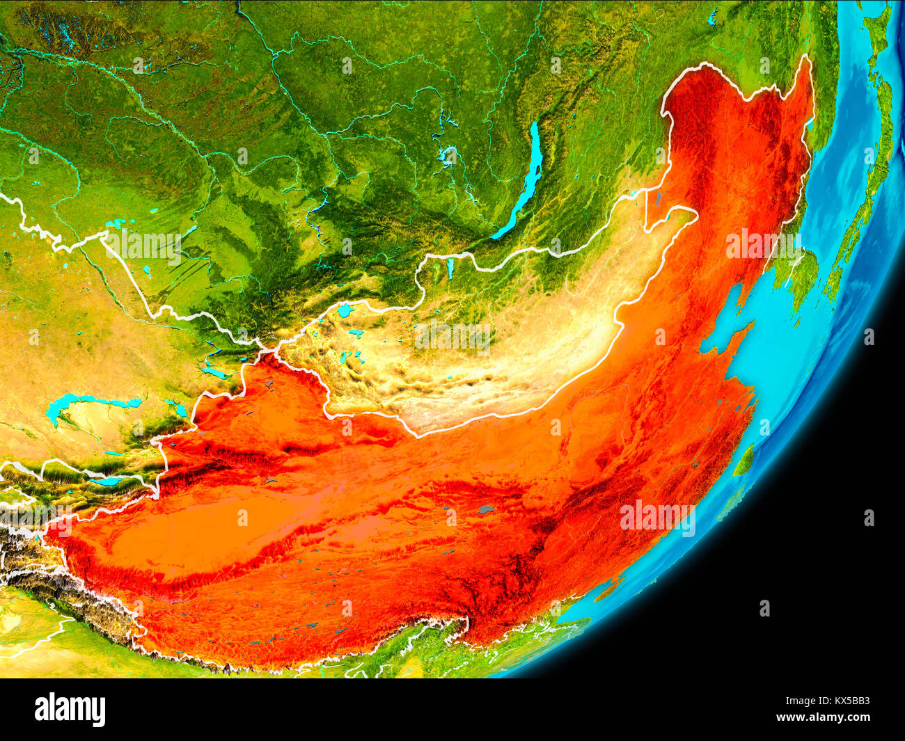 Map of China in red as seen from space on planet Earth with white ...