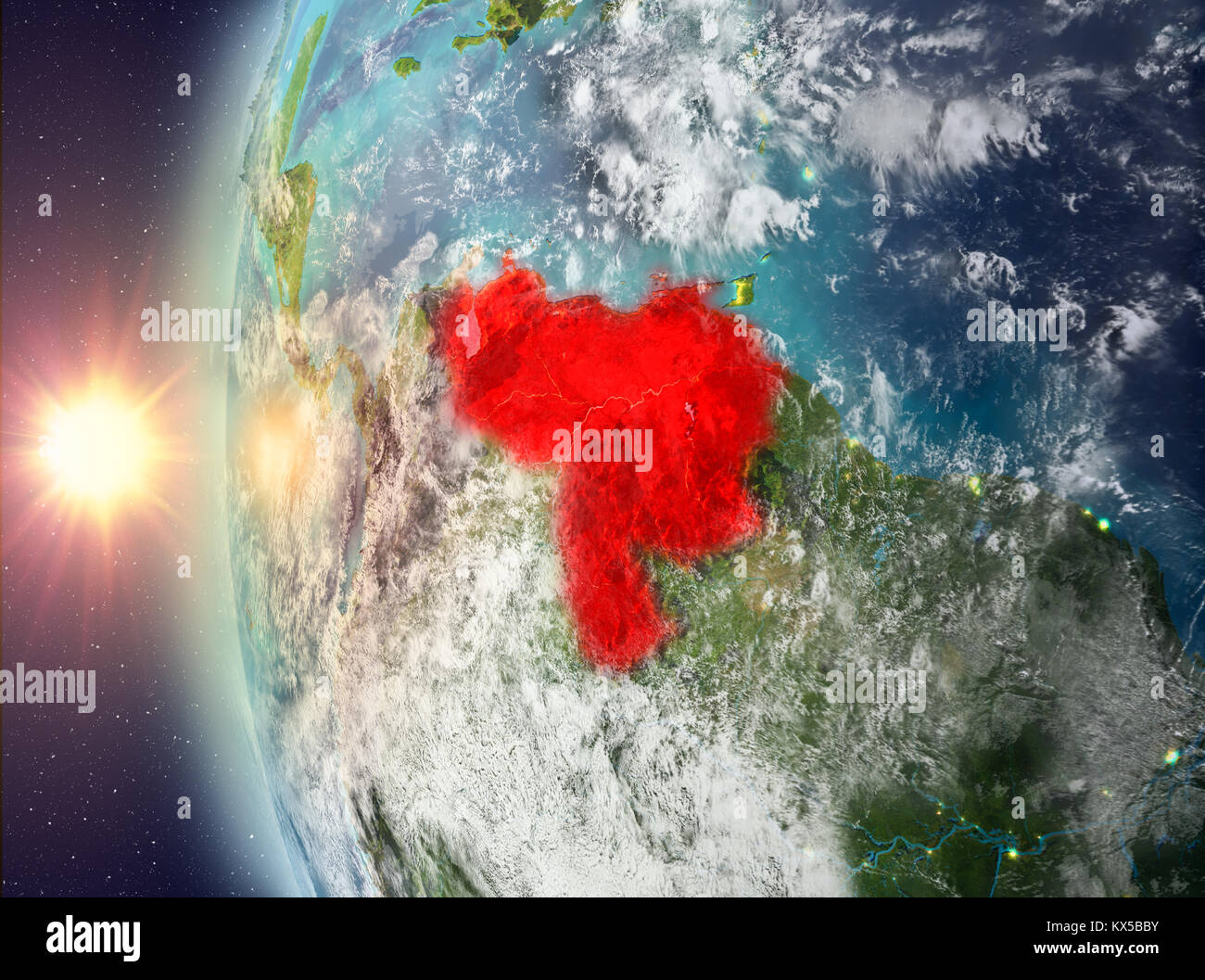 Venezuela as seen from space on planet Earth during sunset. 3D ...