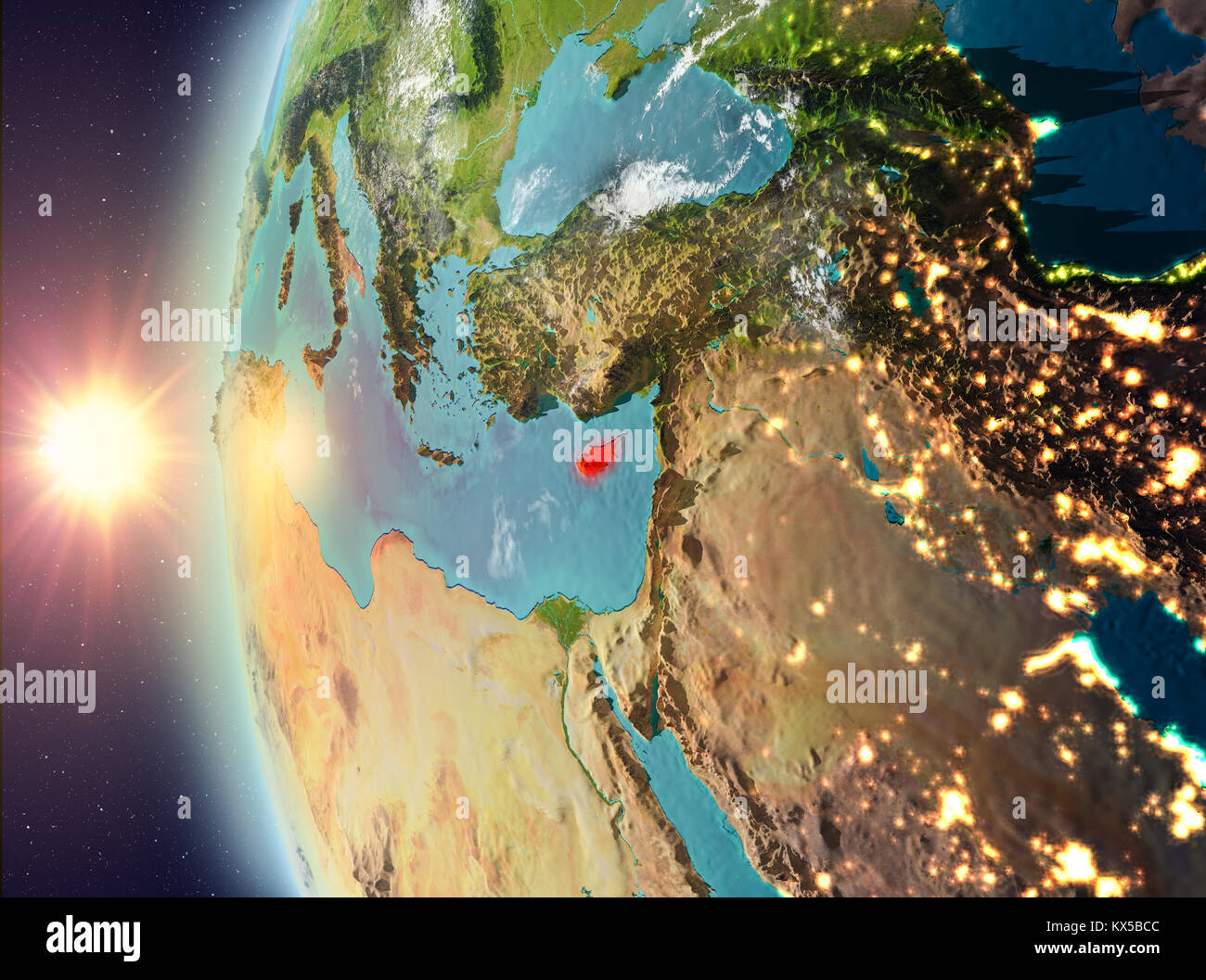 Cyprus as seen from space on planet Earth during sunset. 3D ...