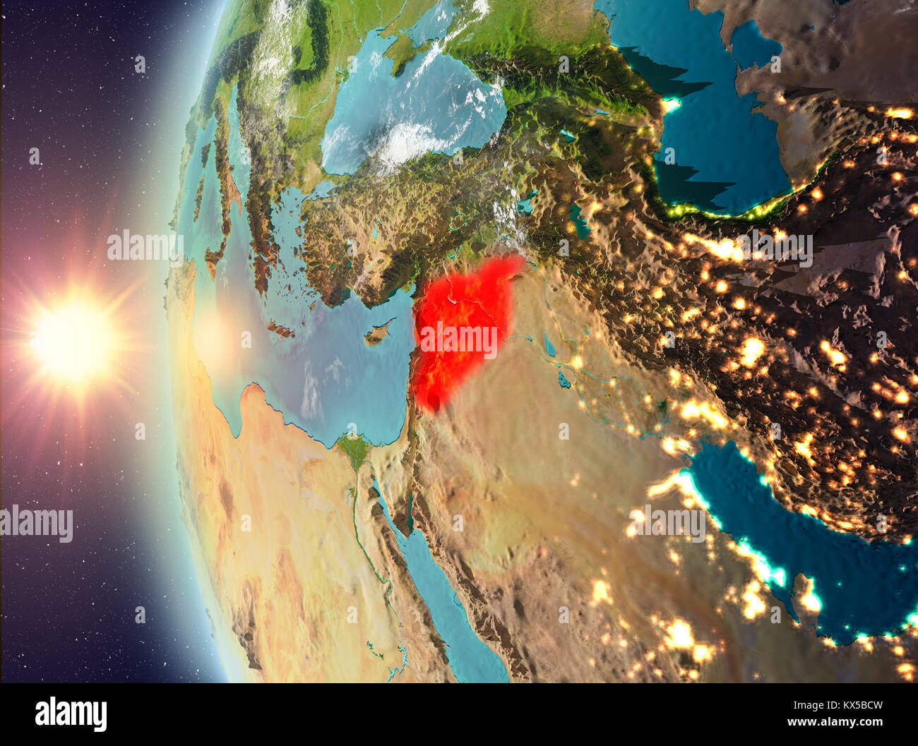 Syria as seen from space on planet Earth during sunset. 3D illustration ...