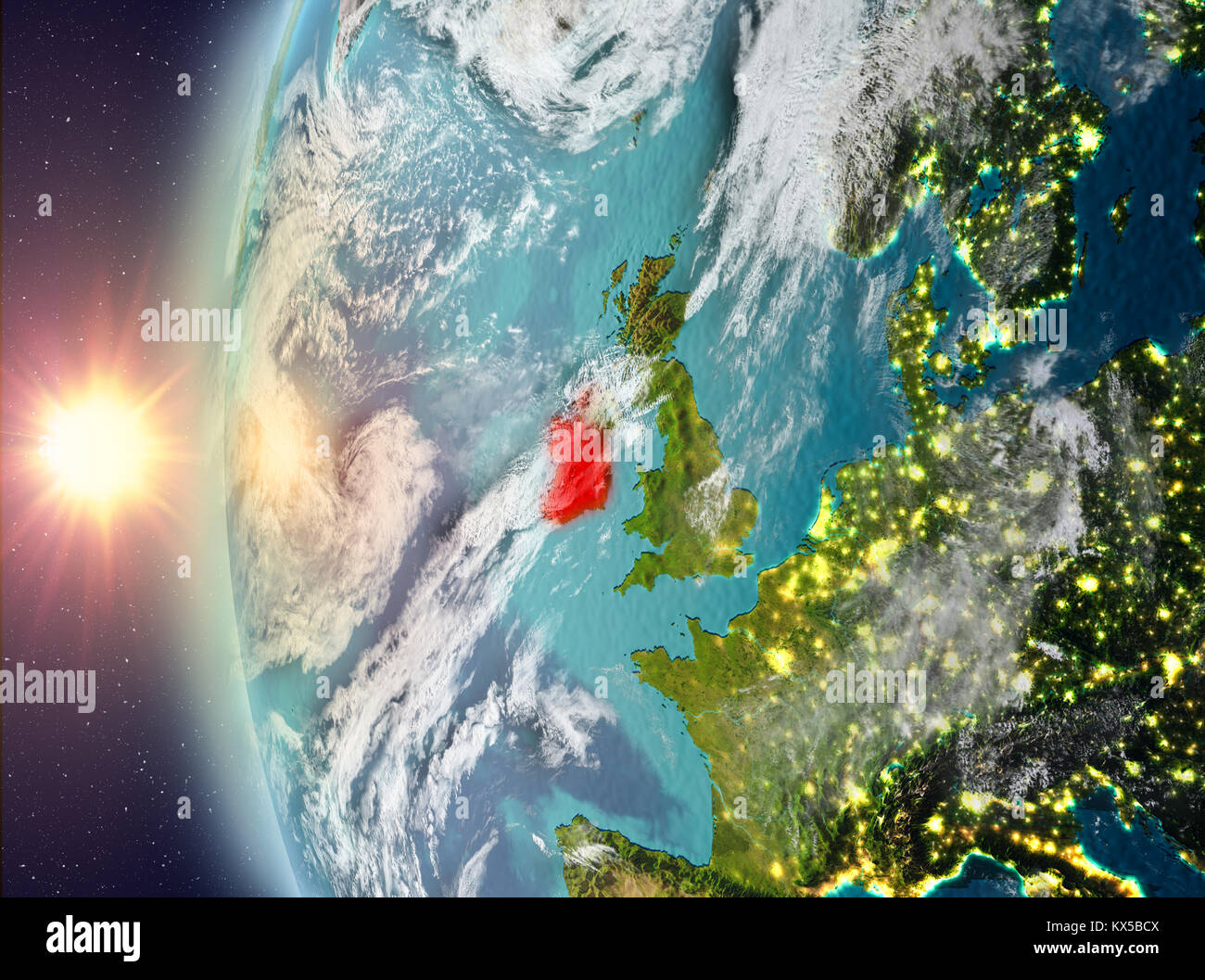 Ireland as seen from space on planet Earth during sunset. 3D ...