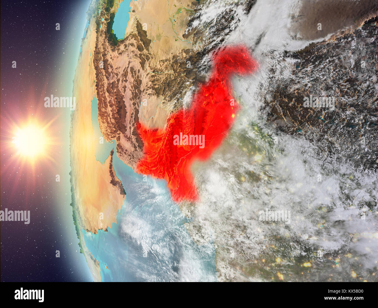 Pakistan as seen from space on planet Earth during sunset. 3D ...