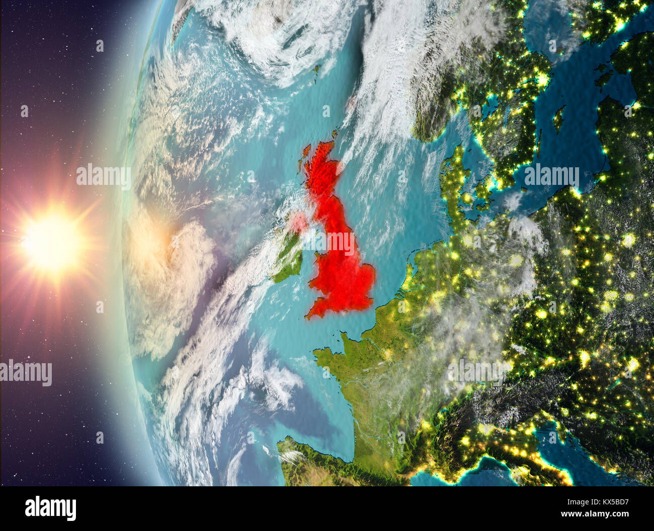 United Kingdom as seen from space on planet Earth during sunset. 3D ...