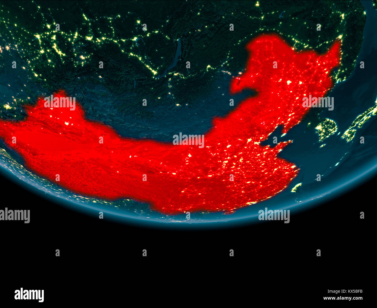 China at night highlighted in red on planet Earth. 3D illustration ...