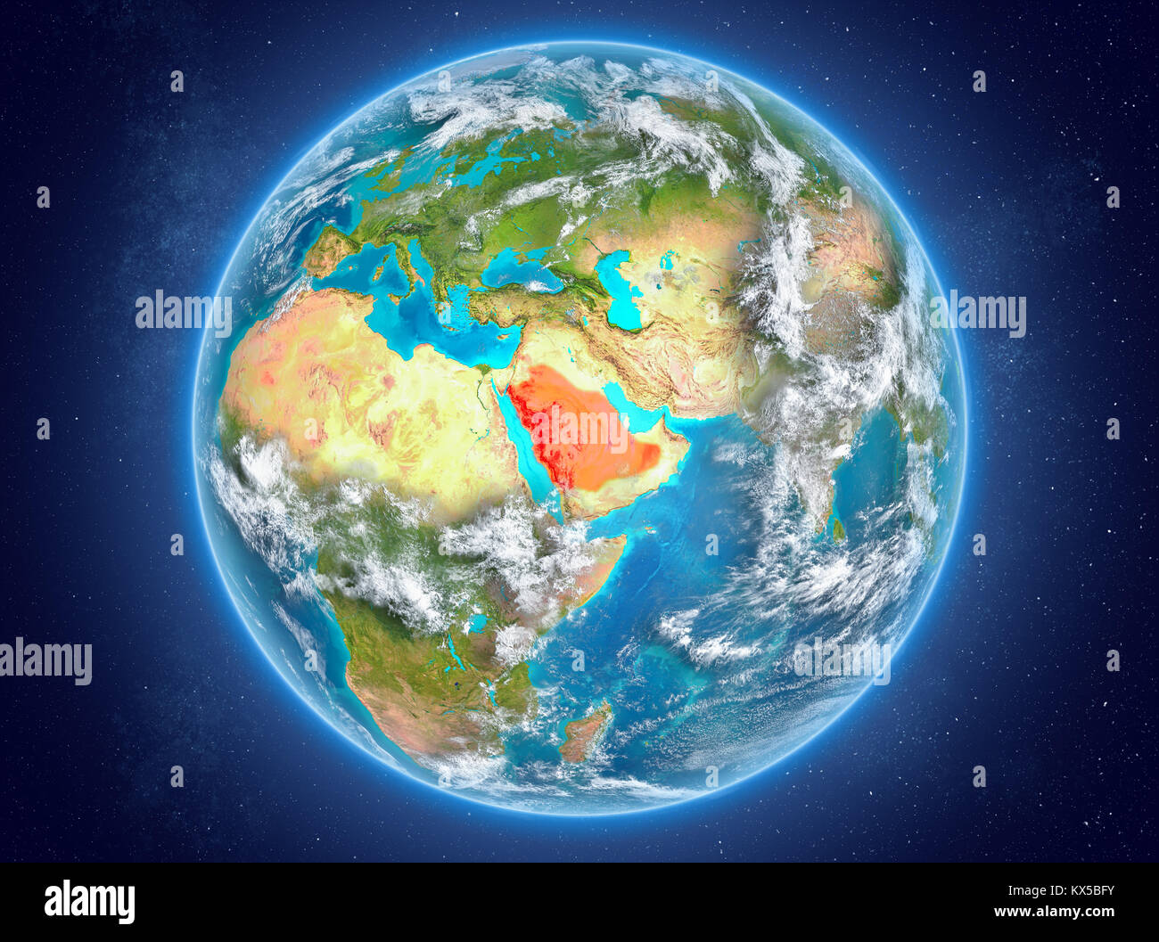 Saudi Arabia in red on model of planet Earth with clouds and atmosphere ...