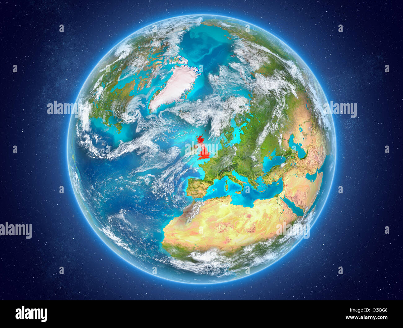 United Kingdom in red on model of planet Earth with clouds and ...