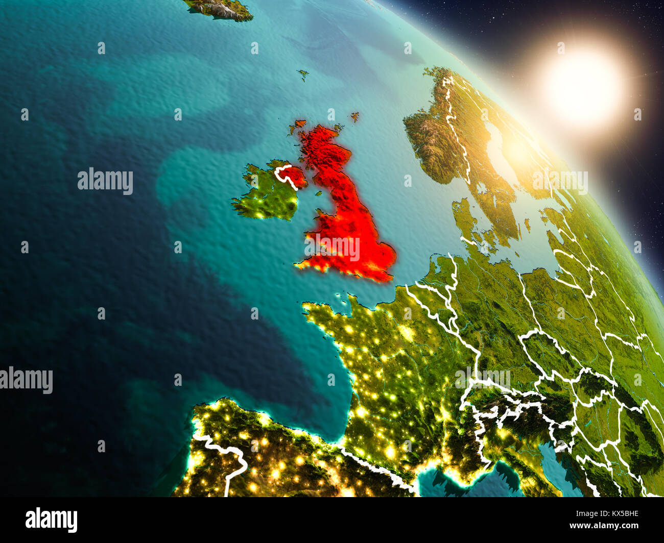 Sunset above United Kingdom from space on planet Earth with visible ...
