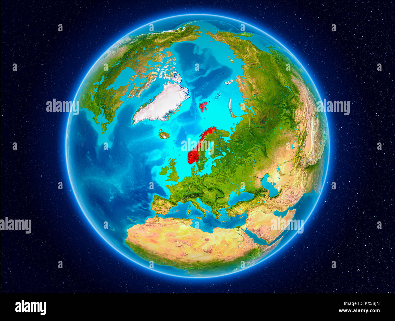 Norway in red from Earth’s orbit. 3D illustration. Elements of this ...