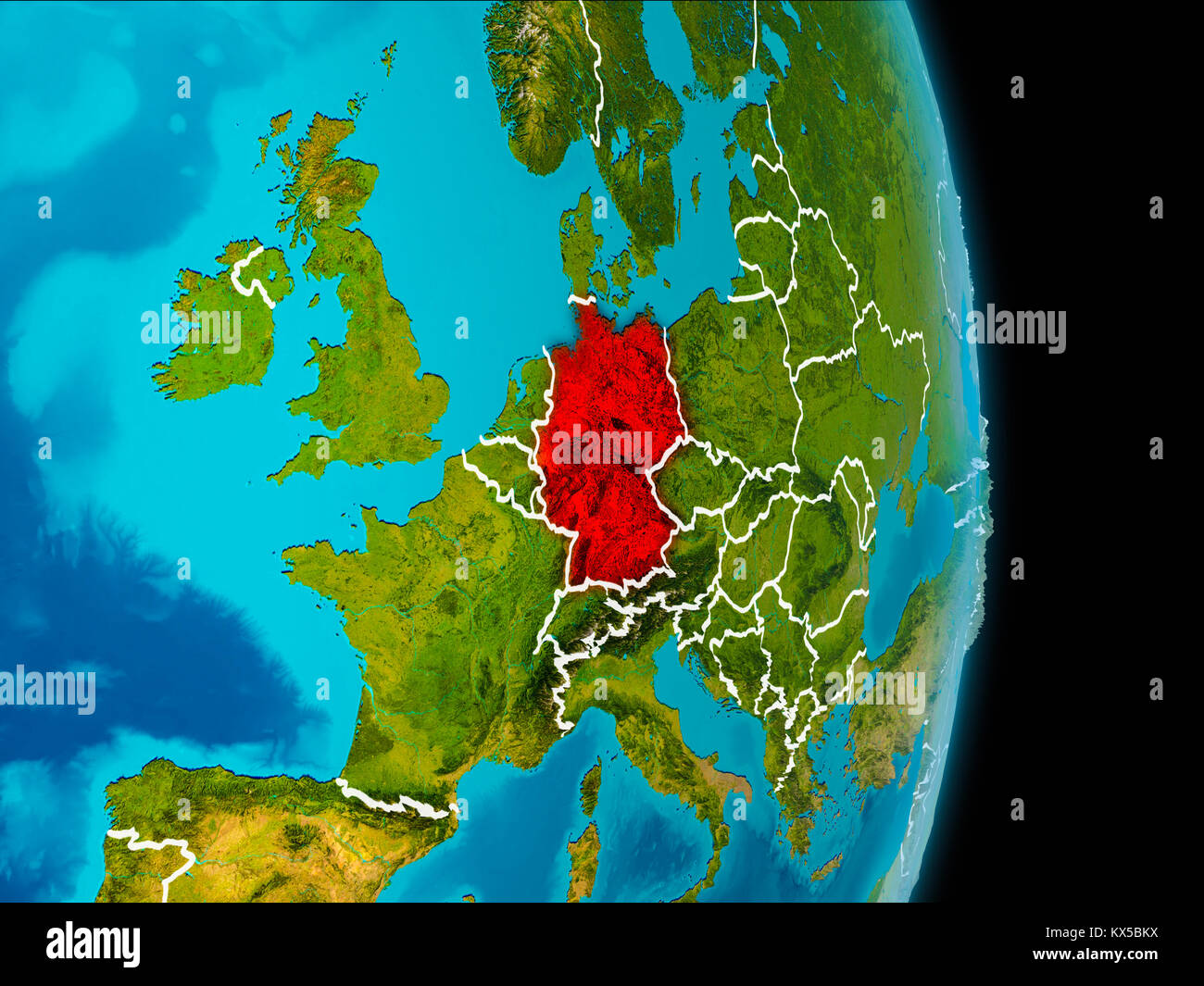Germany in red on planet Earth with visible borderlines. 3D ...