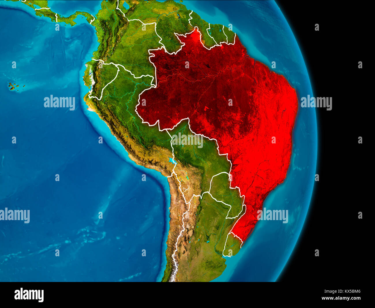 Brazil in red on planet Earth with visible borderlines. 3D illustration. Elements of this image ...