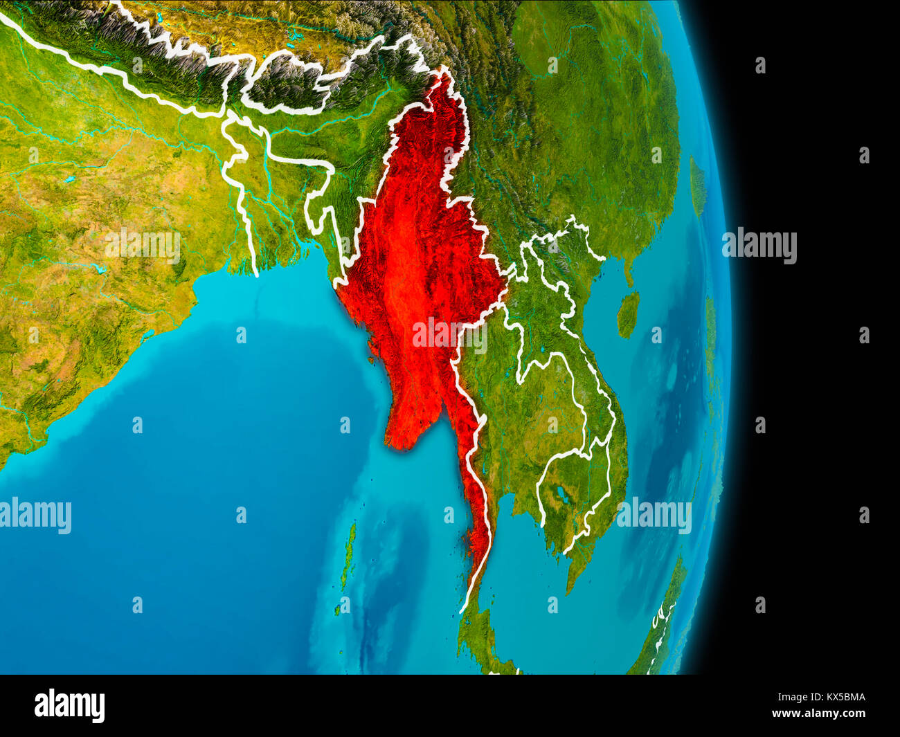 Myanmar in red on planet Earth with visible borderlines. 3D ...