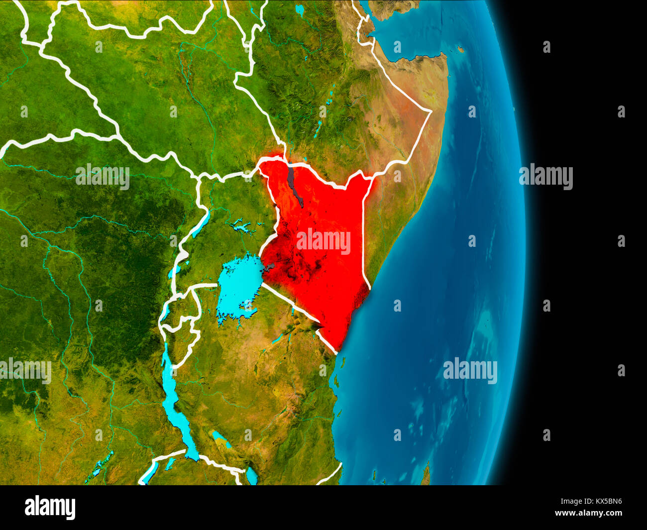 Kenya in red on planet Earth with visible borderlines. 3D illustration ...