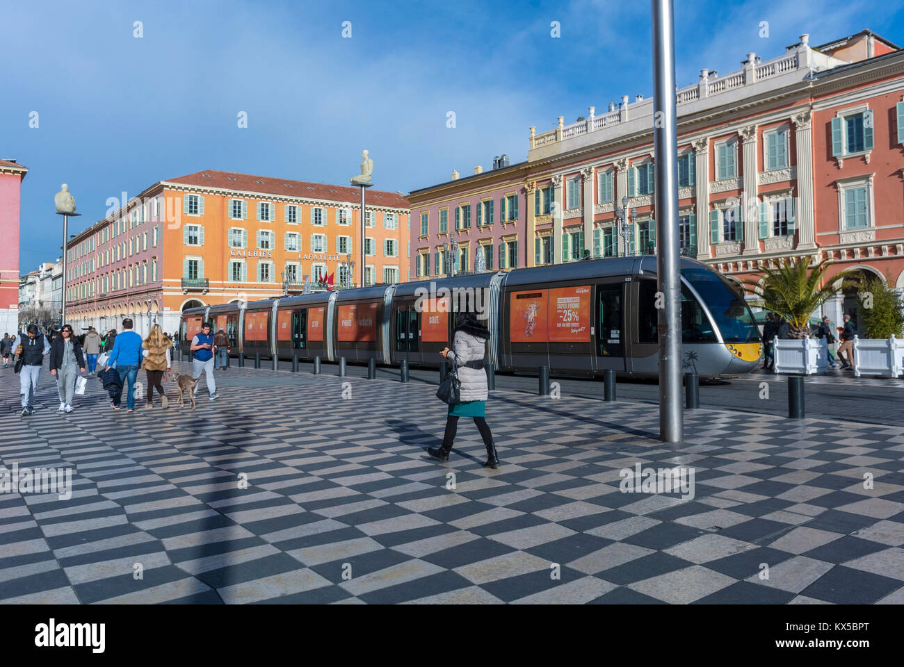 Nice, France, Young Woman Walking, Street Scene, Tram on Town Square ...