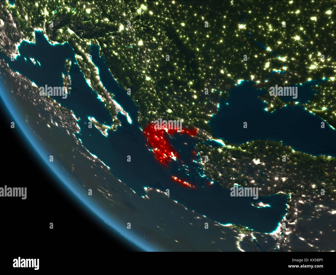 Greece from orbit of planet Earth at night with highly detailed surface ...