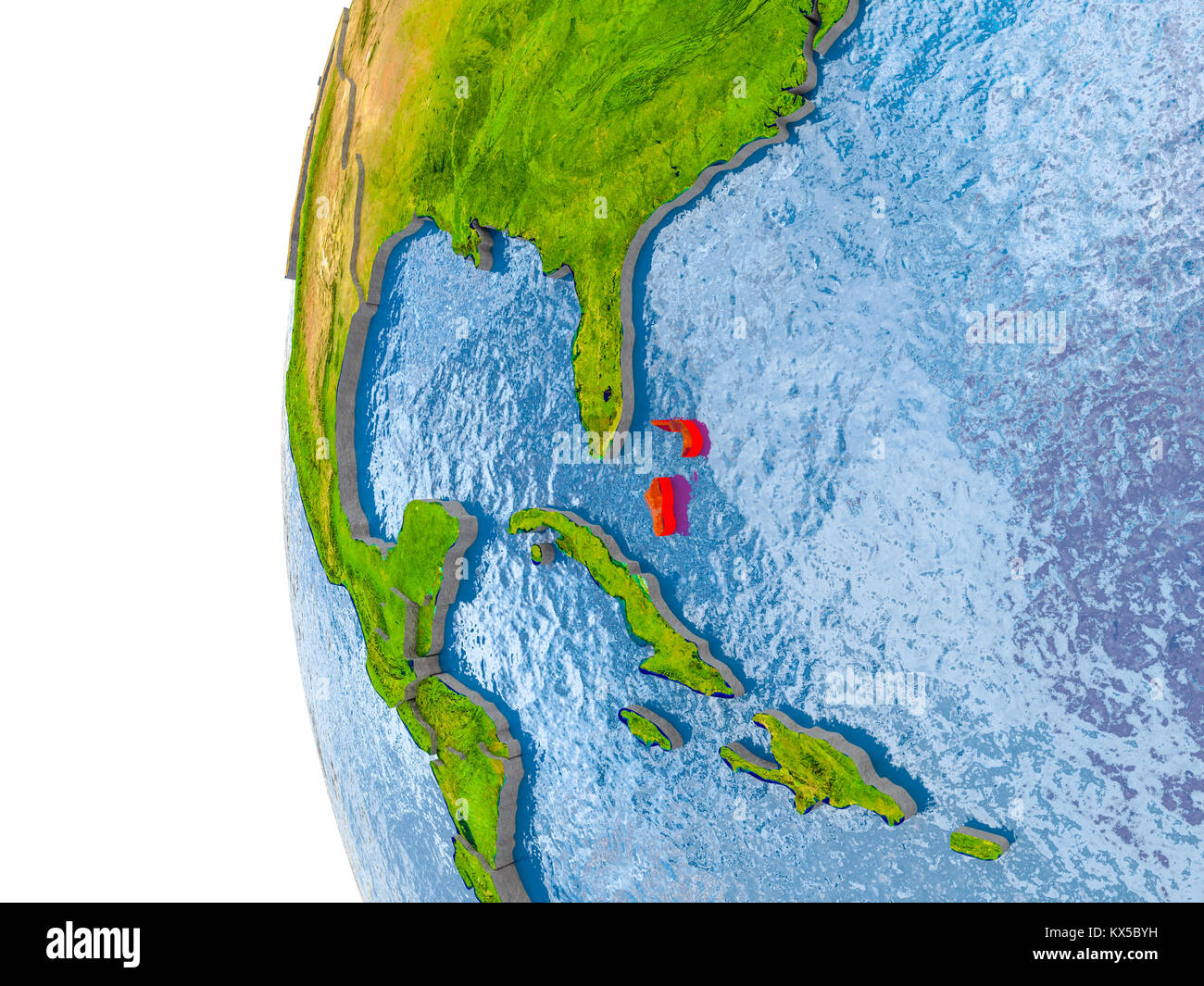 Bahamas in red on globe with real land surface, visible country borders ...