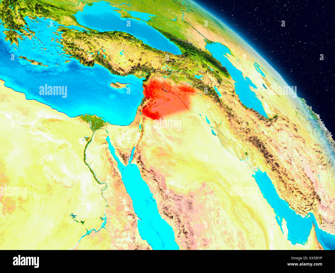 Space view of Syria highlighted in red on planet Earth. 3D illustration ...