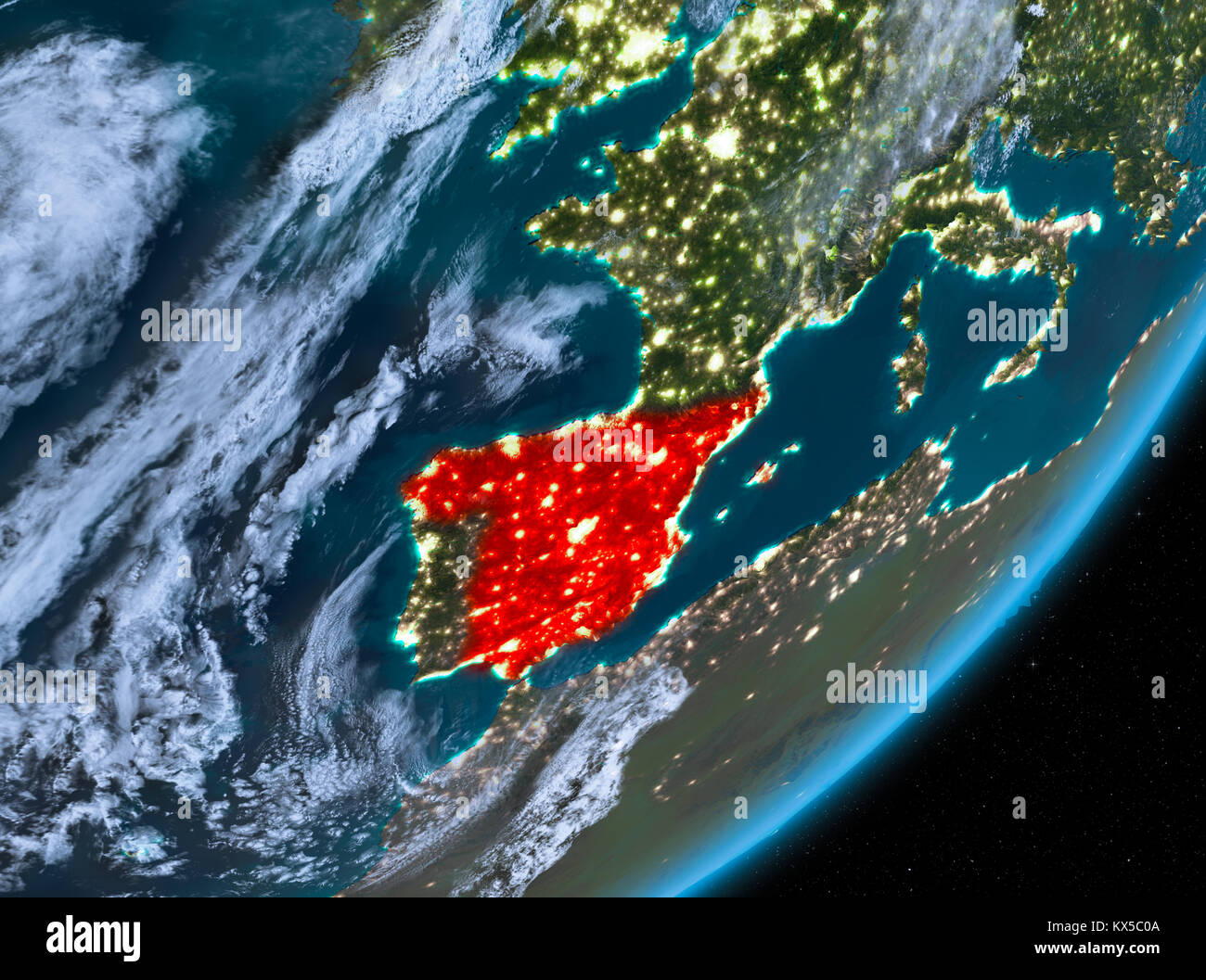 Spain from orbit of planet Earth at night with highly detailed surface ...