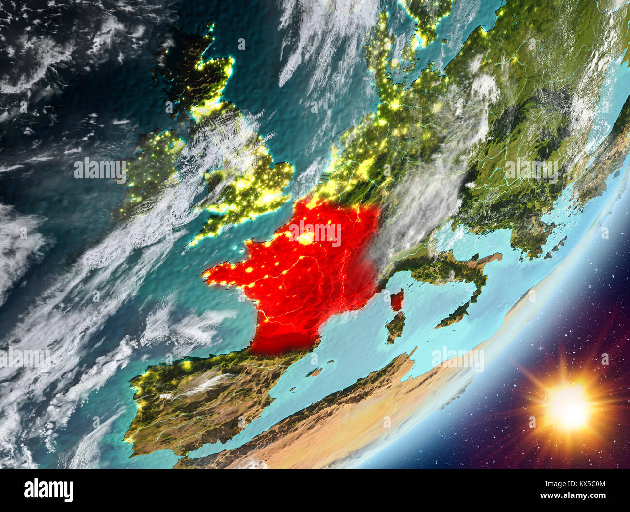 France from orbit of planet Earth in sunrise with highly detailed ...