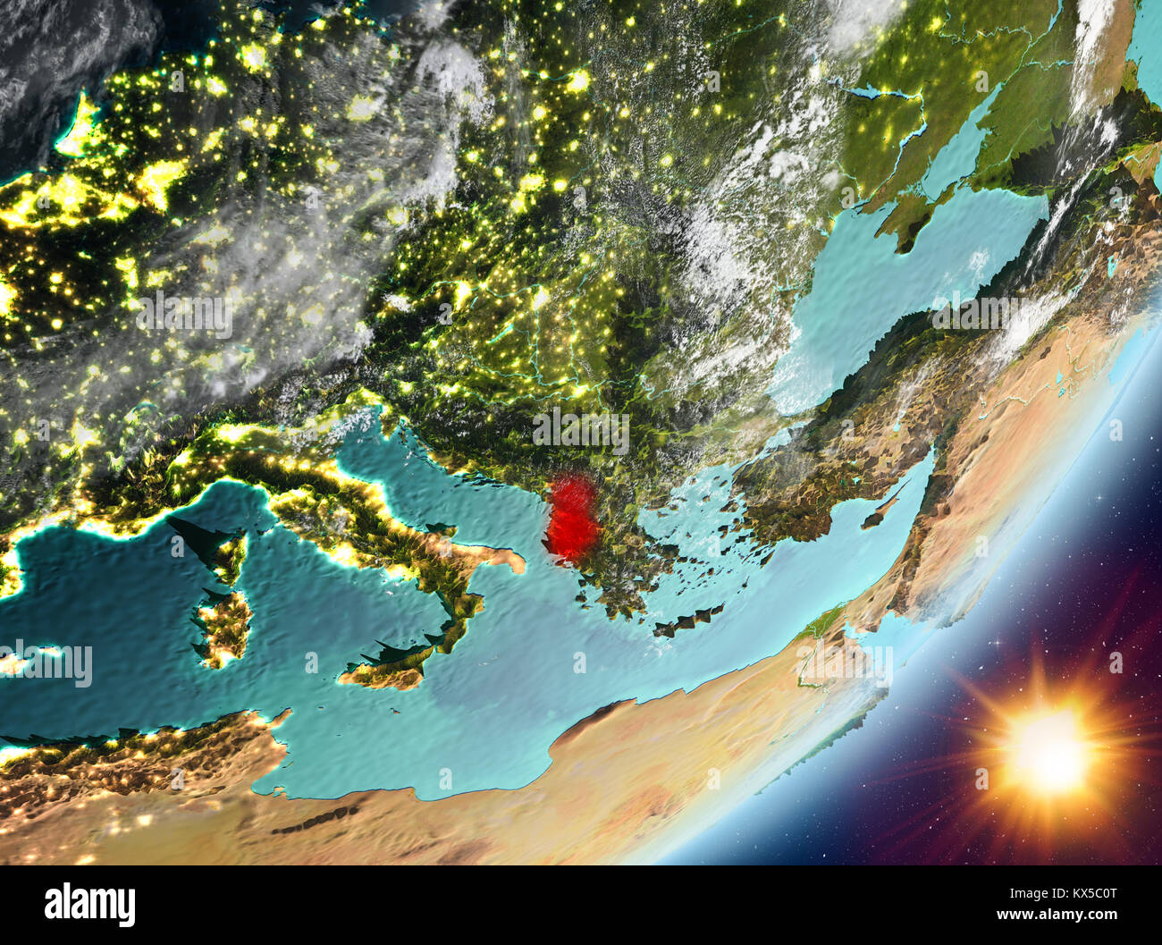 Albania from orbit of planet Earth in sunrise with highly detailed ...