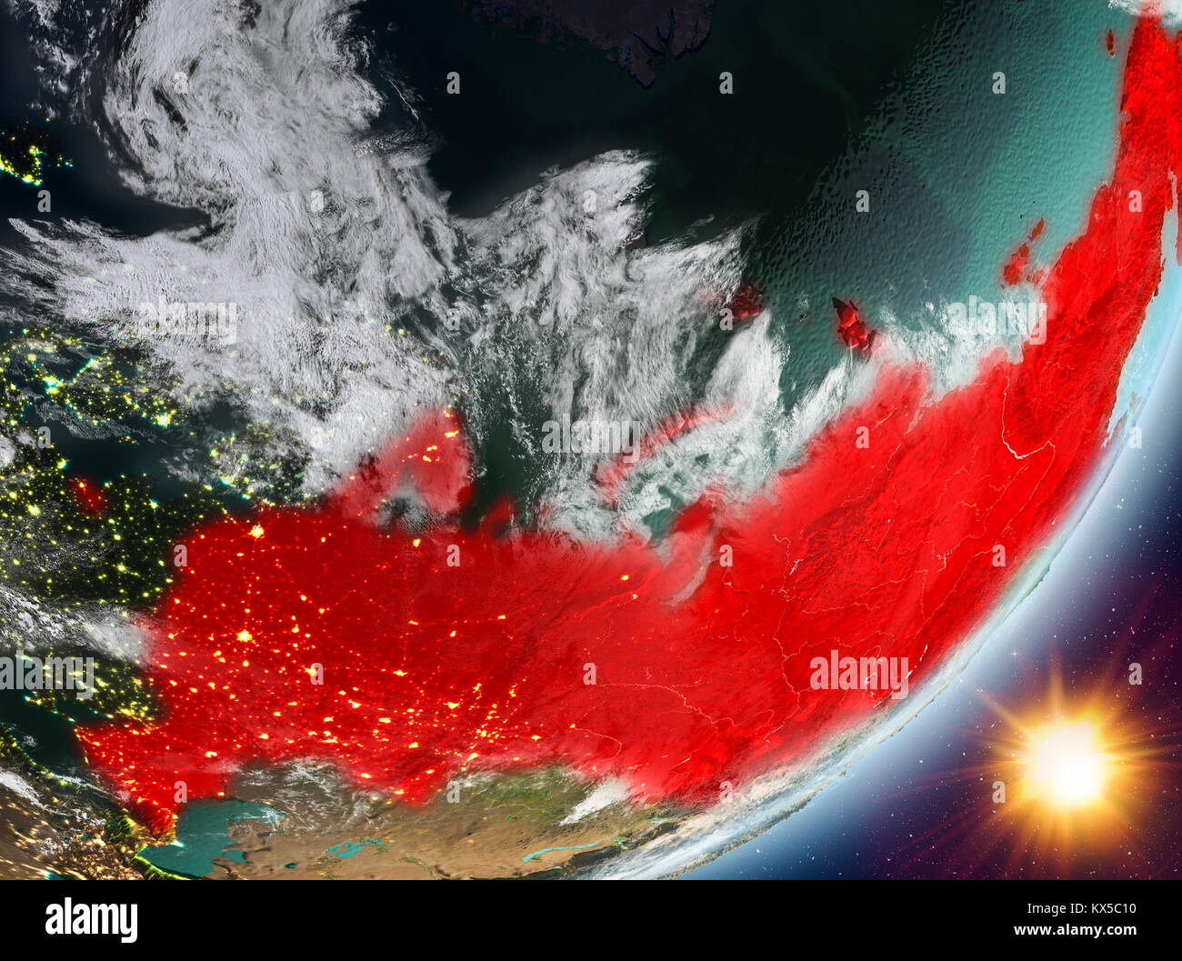 Russia from orbit of planet Earth in sunrise with highly detailed ...