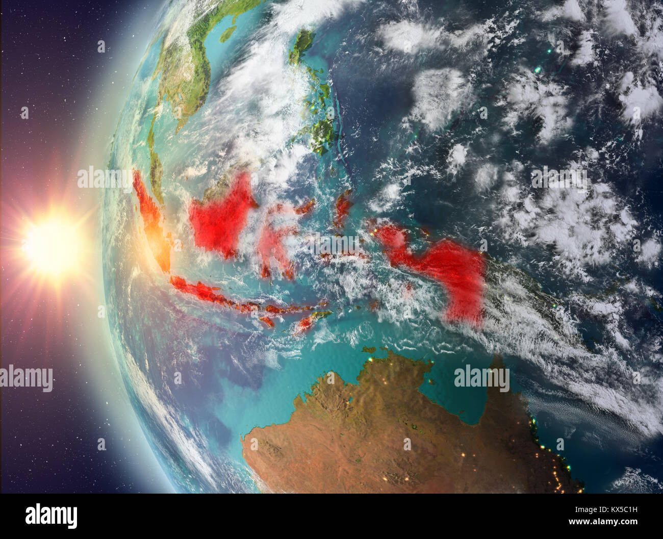 Indonesia as seen from space on planet Earth during sunset. 3D ...