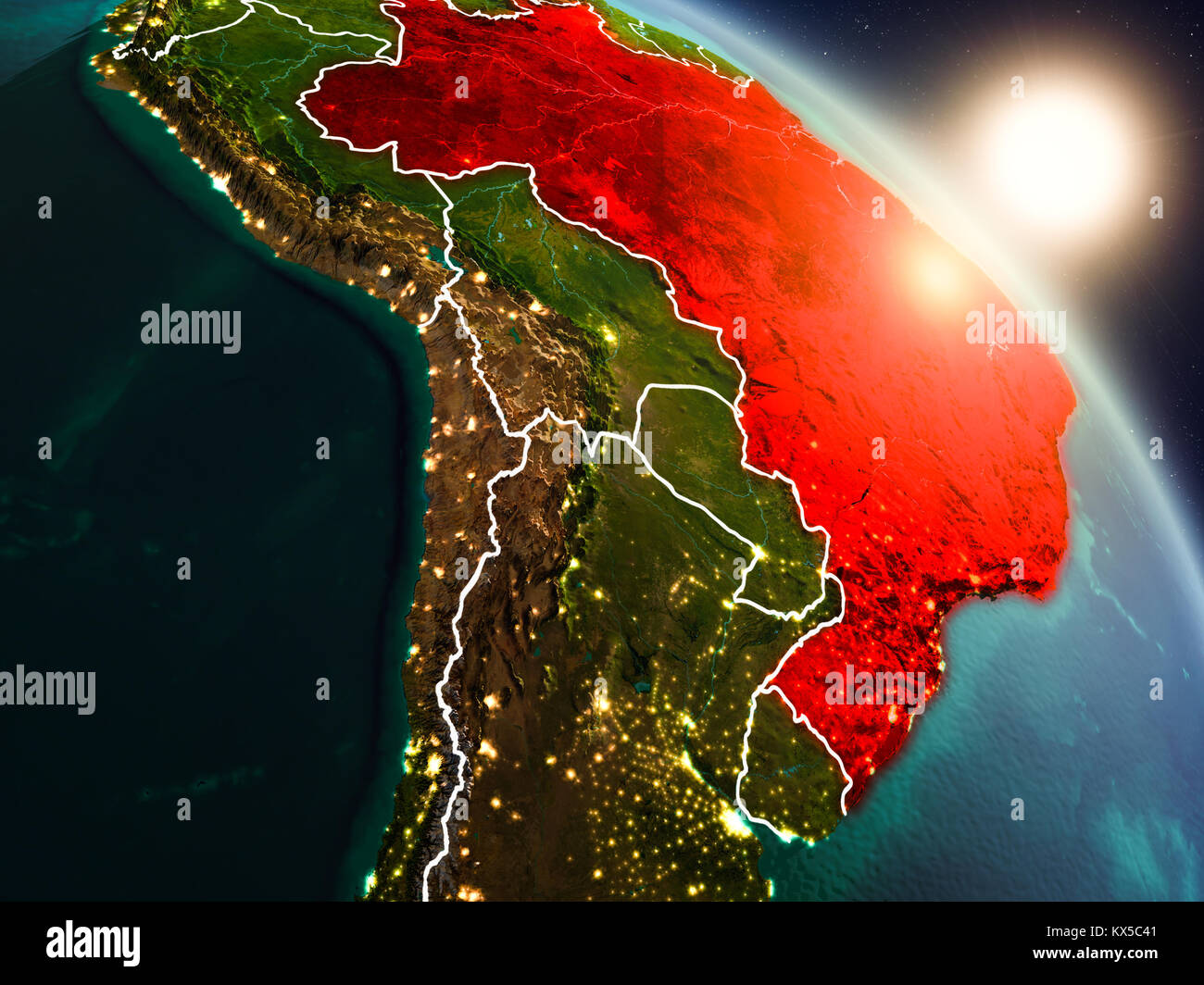 Sunset above Brazil from space on planet Earth with visible country ...