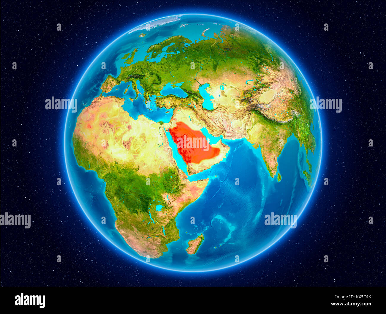 Saudi Arabia in red from Earth’s orbit. 3D illustration. Elements of ...