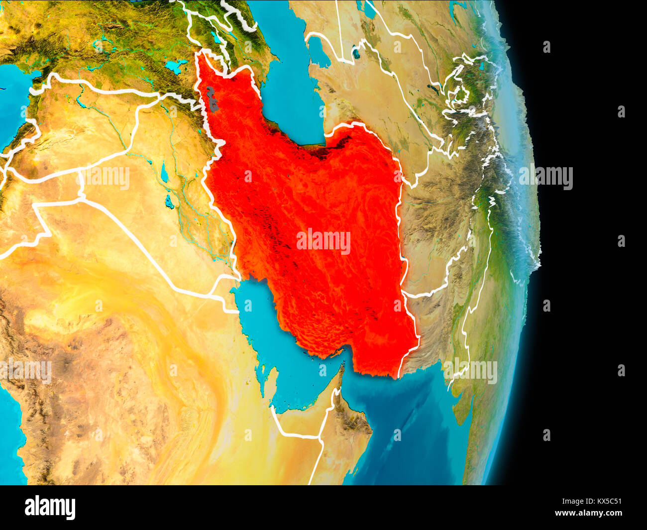 Iran in red on planet Earth with visible borderlines. 3D illustration. Elements of this image ...
