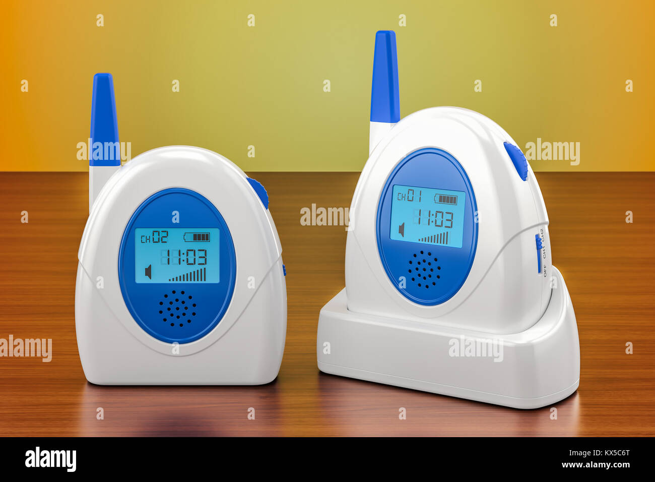 Audio baby monitor, baby alarm on the wooden table. 3D rendering Stock ...