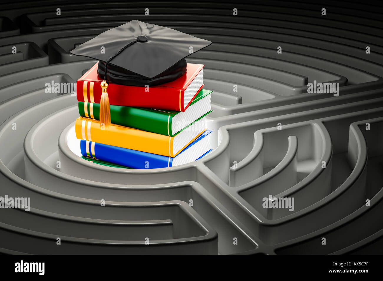 Books with graduation cap inside labyrinth maze. 3D rendering Stock ...