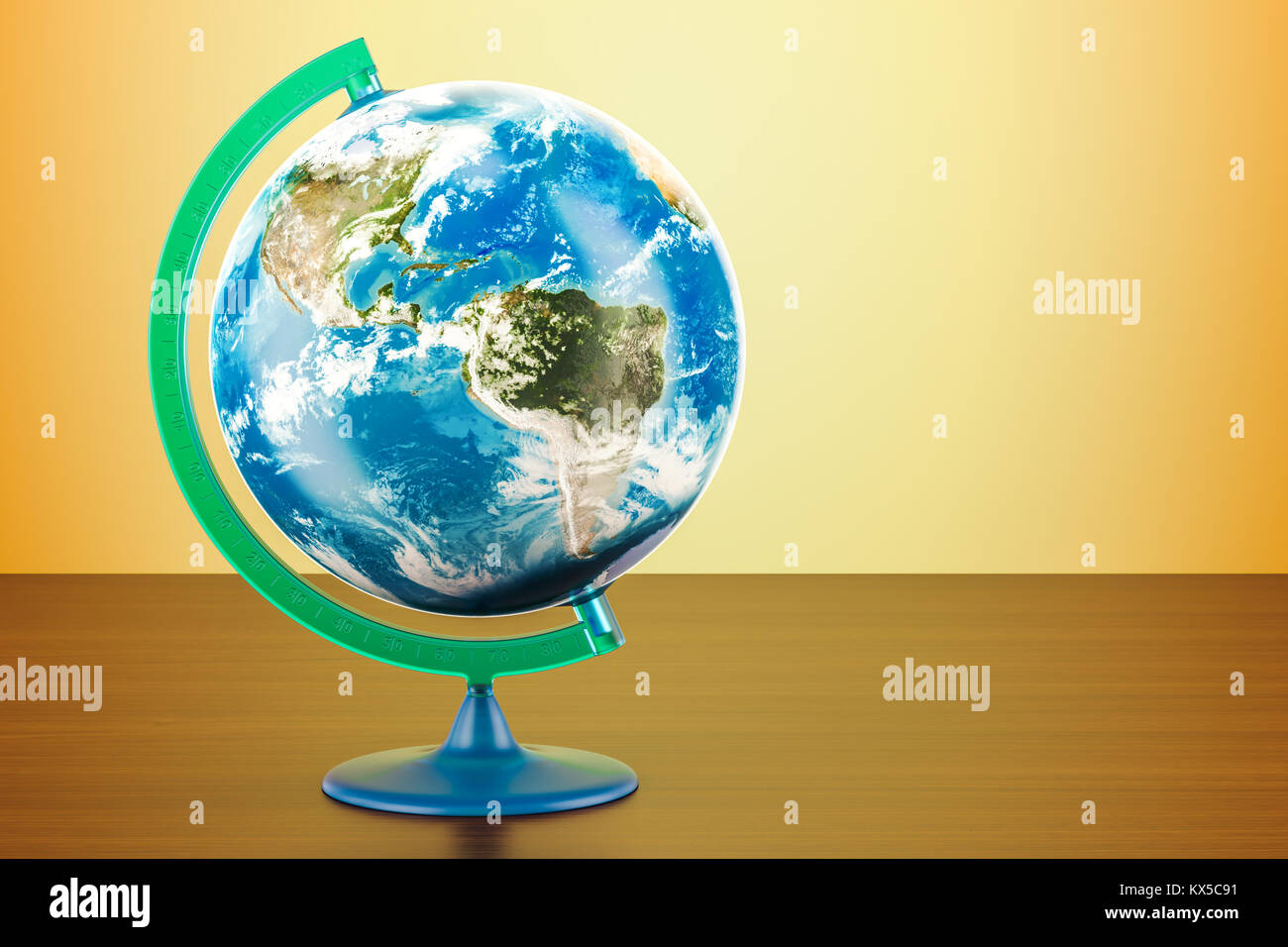 Geographical globe of planet Earth on the wooden table. 3D rendering ...