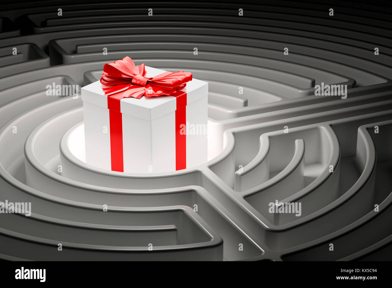Gift box inside labyrinth maze. 3D rendering Stock Photo - Alamy