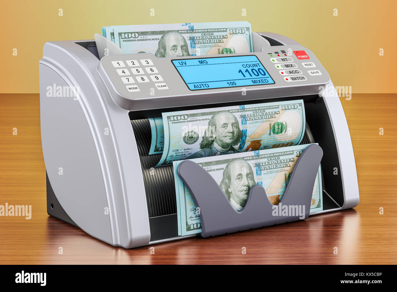 Money counting machine with dollars on the wooden table. 3D rendering ...