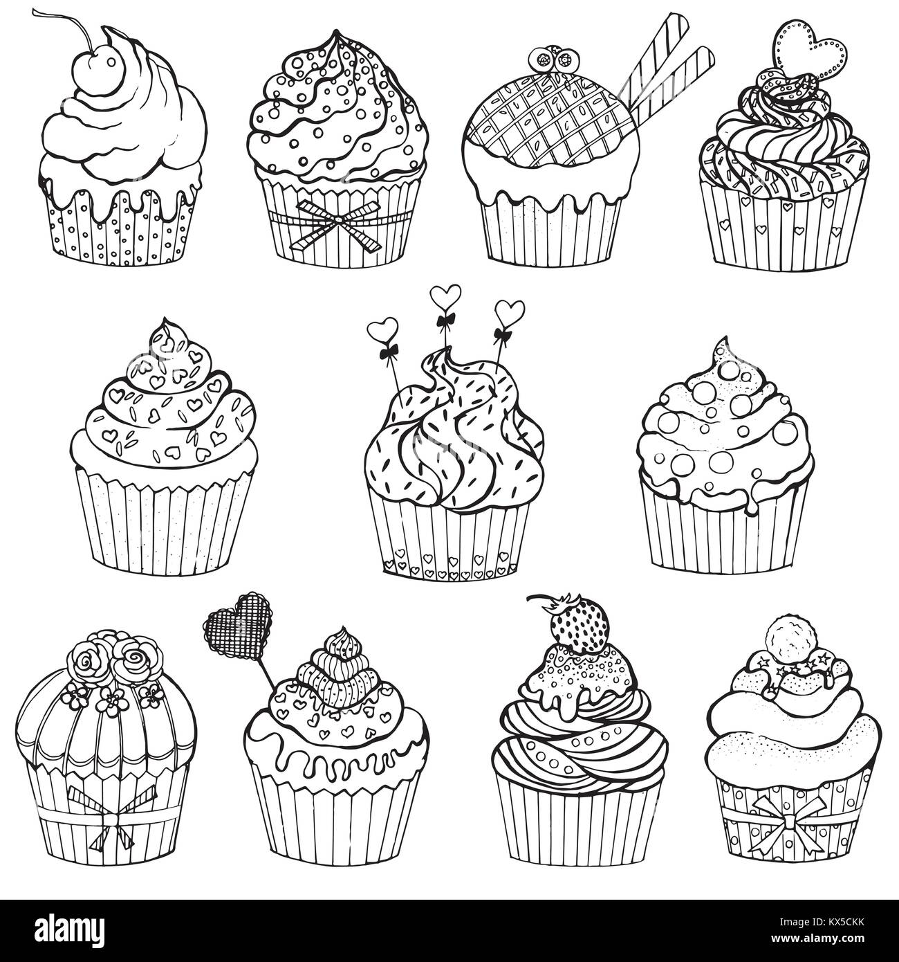 Hand drawn sketch set of cupcakes. Vector illustration isolated on white background Stock Vector ...