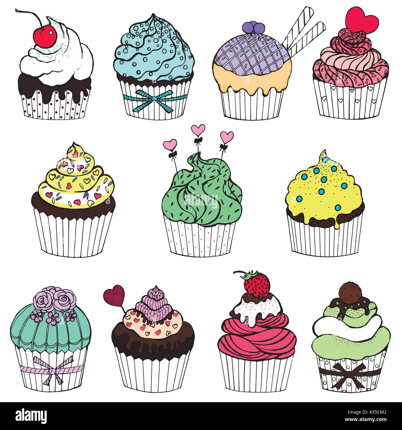 Hand drawn sketch set of colored cupcakes. Vector illustration isolated on white background ...